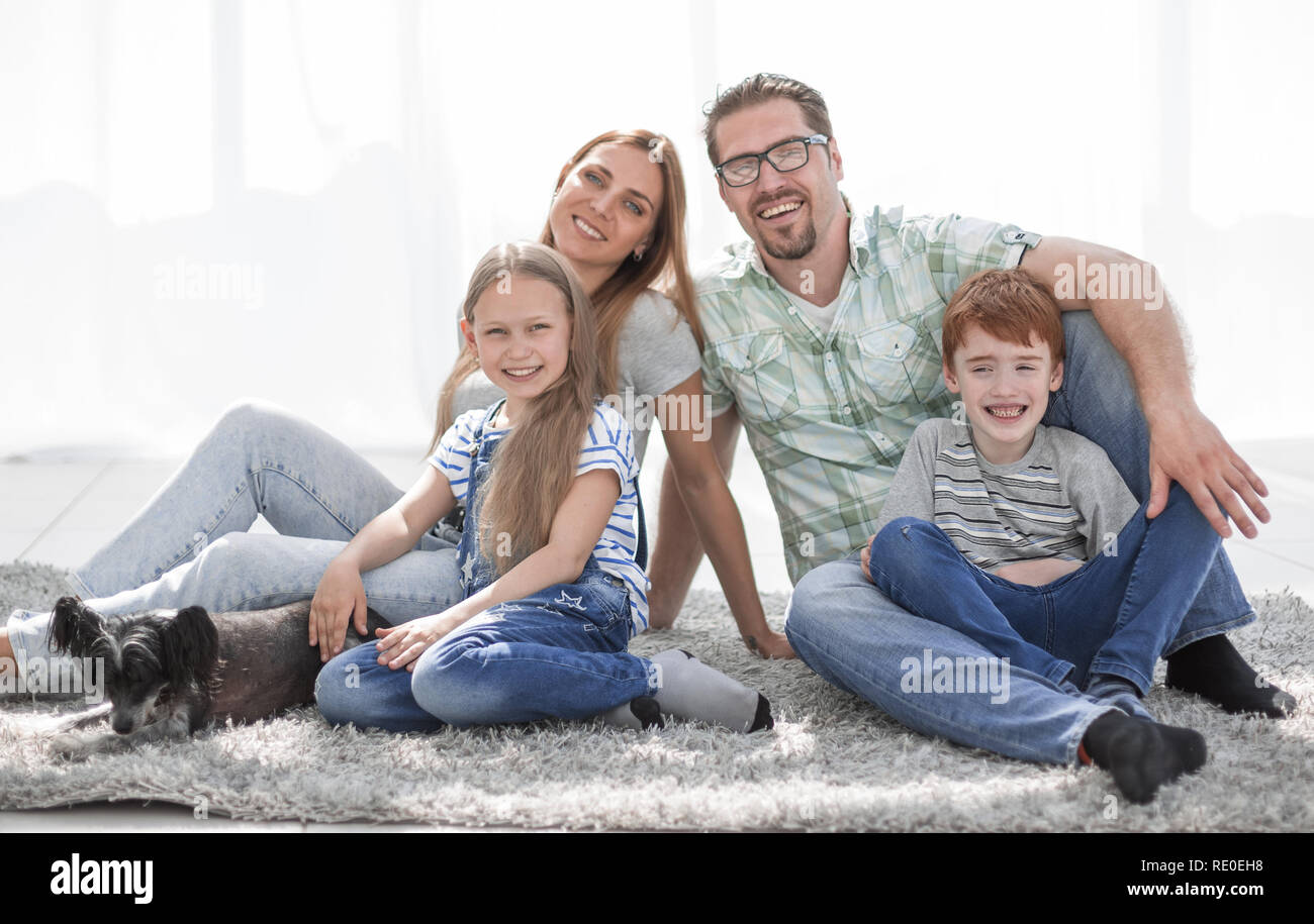 happy family with two children and a dog Stock Photo - Alamy