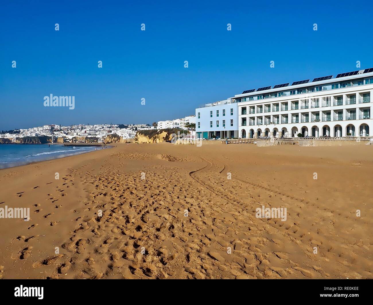 Wonderful long beach in Albufeira at the Algarve coast of Portugal with ...