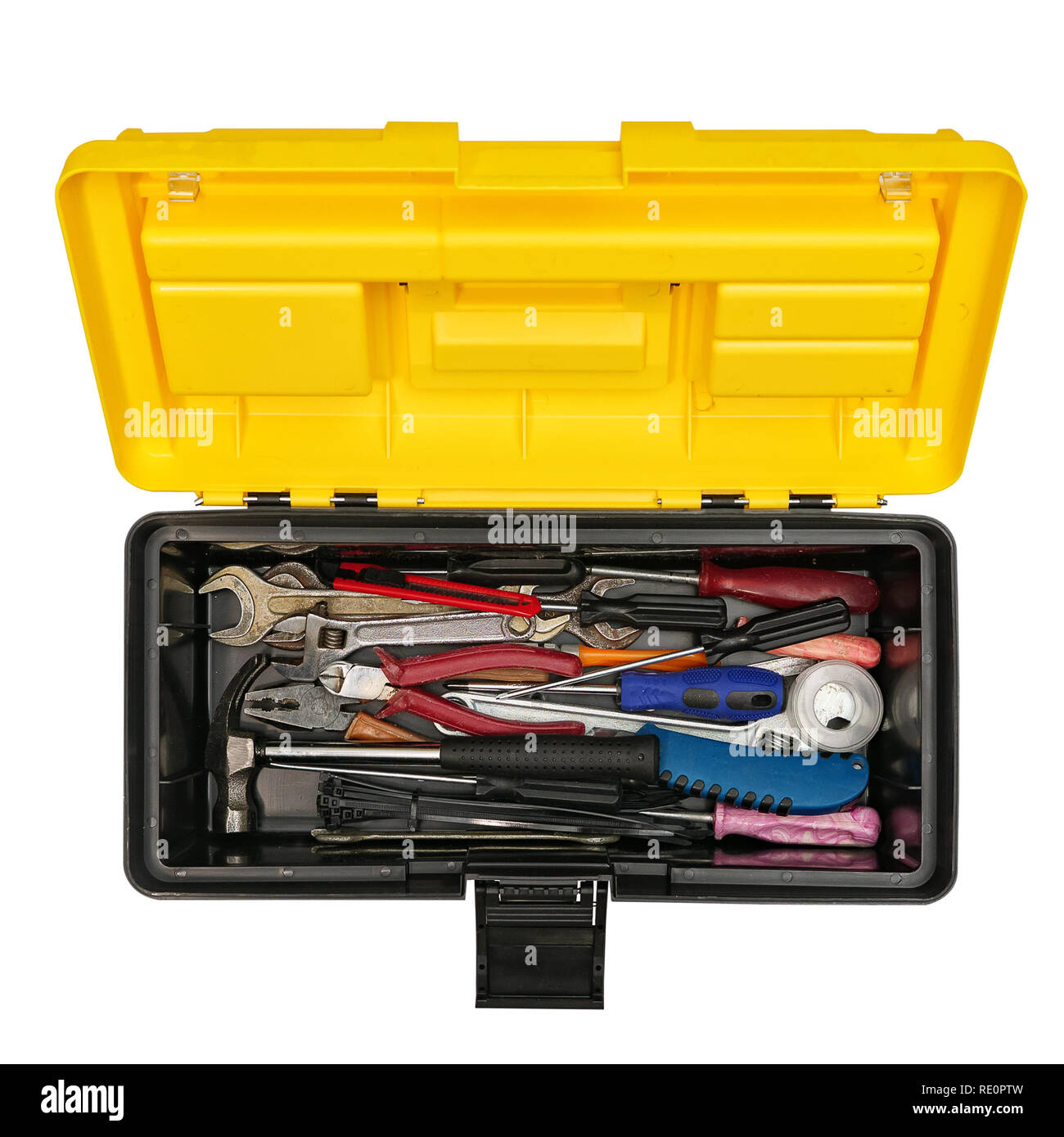 Top view of opened plastic box with mix of tools and instruments ...