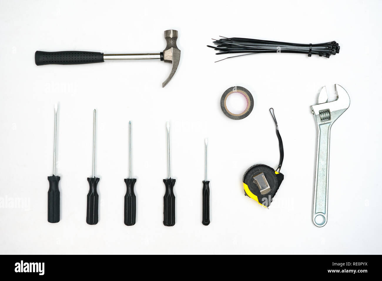 Flat lay of arranged tools and instruments in strict order on white ...