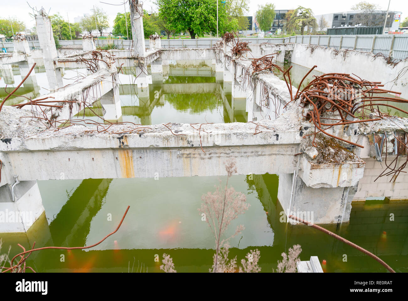 Deserted remains of commercial building foundations flooded left for ...