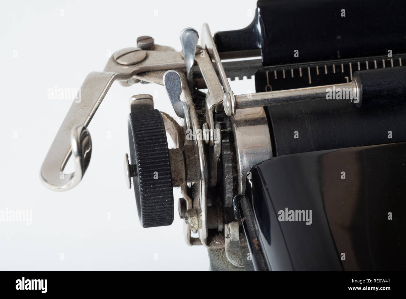 Close up of the return carriage and rotation knob on a 1950s-era Royal ...