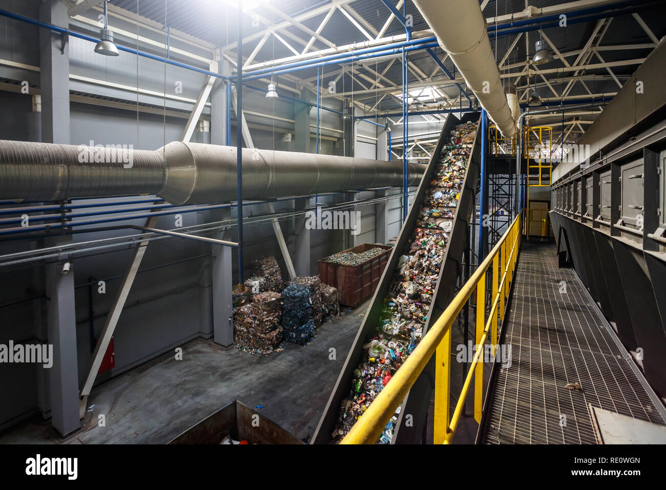 moving conveyor transporter on Modern waste recycling processing plant ...