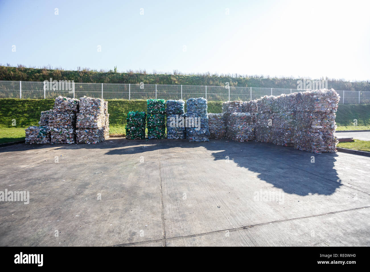 Plastic bales of rubbish at the waste treatment processing plant ...