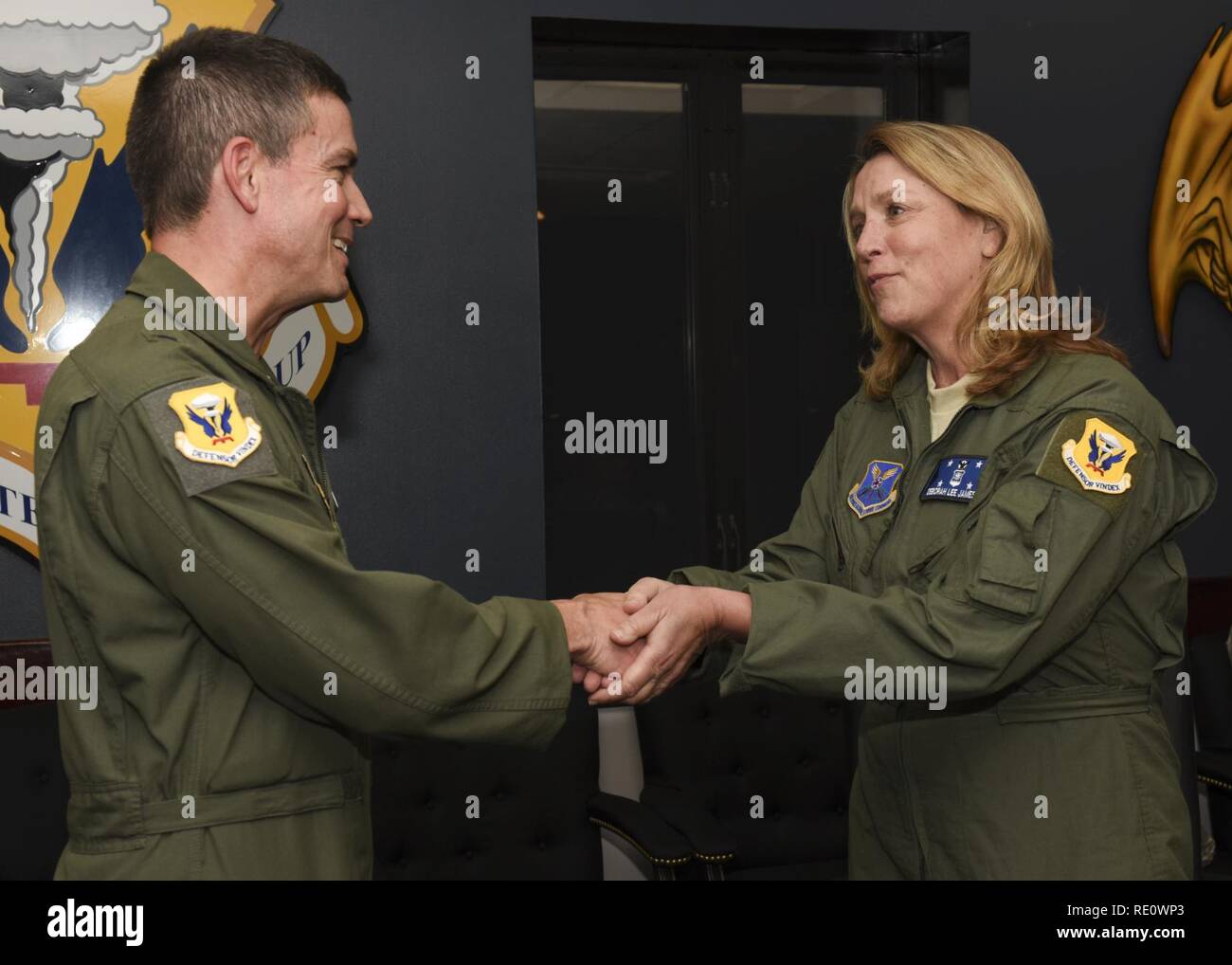 Secretary of the Air Force Deborah Lee James, right, receives a spirit ...