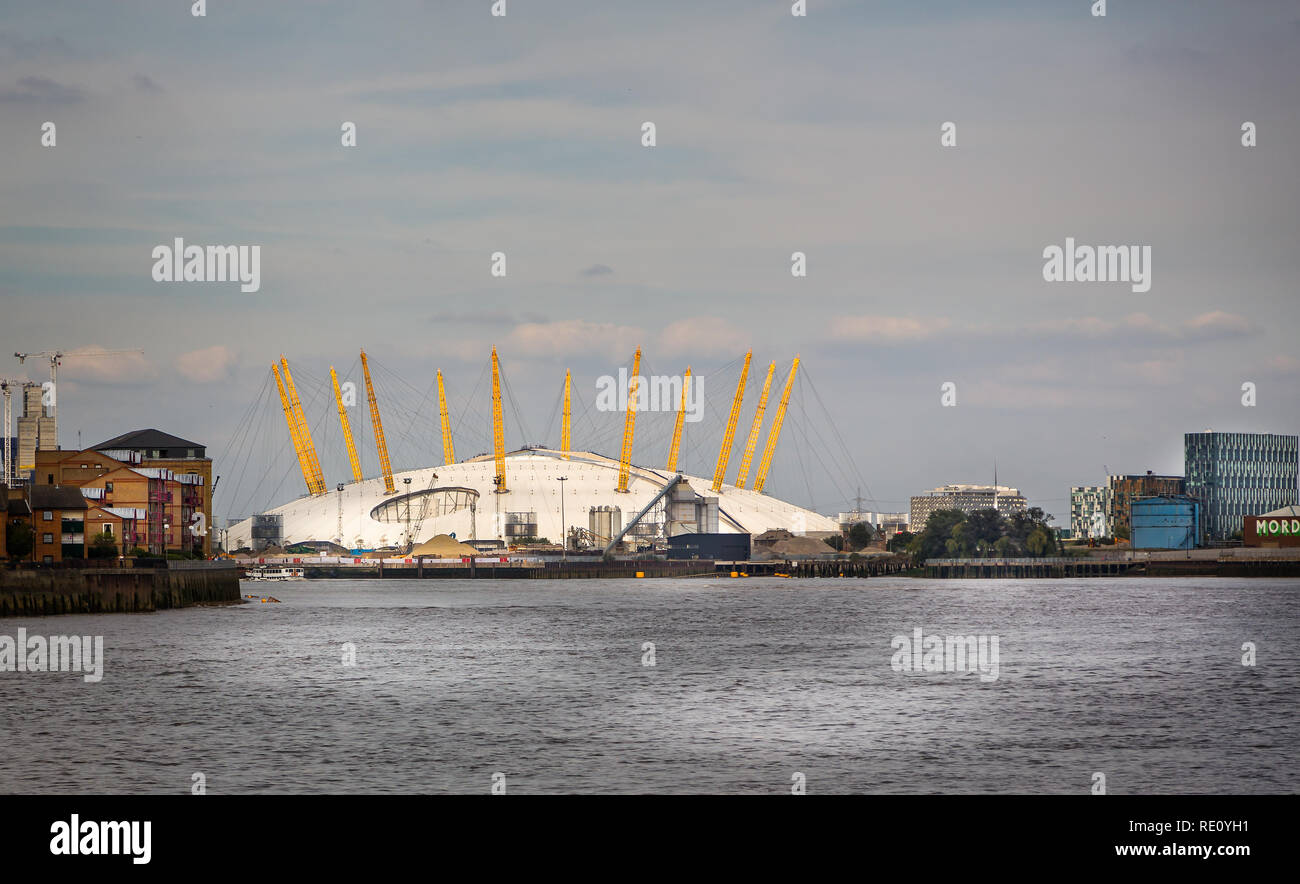 View of the O2 arena from across the river Thames in Greenwich, London ...