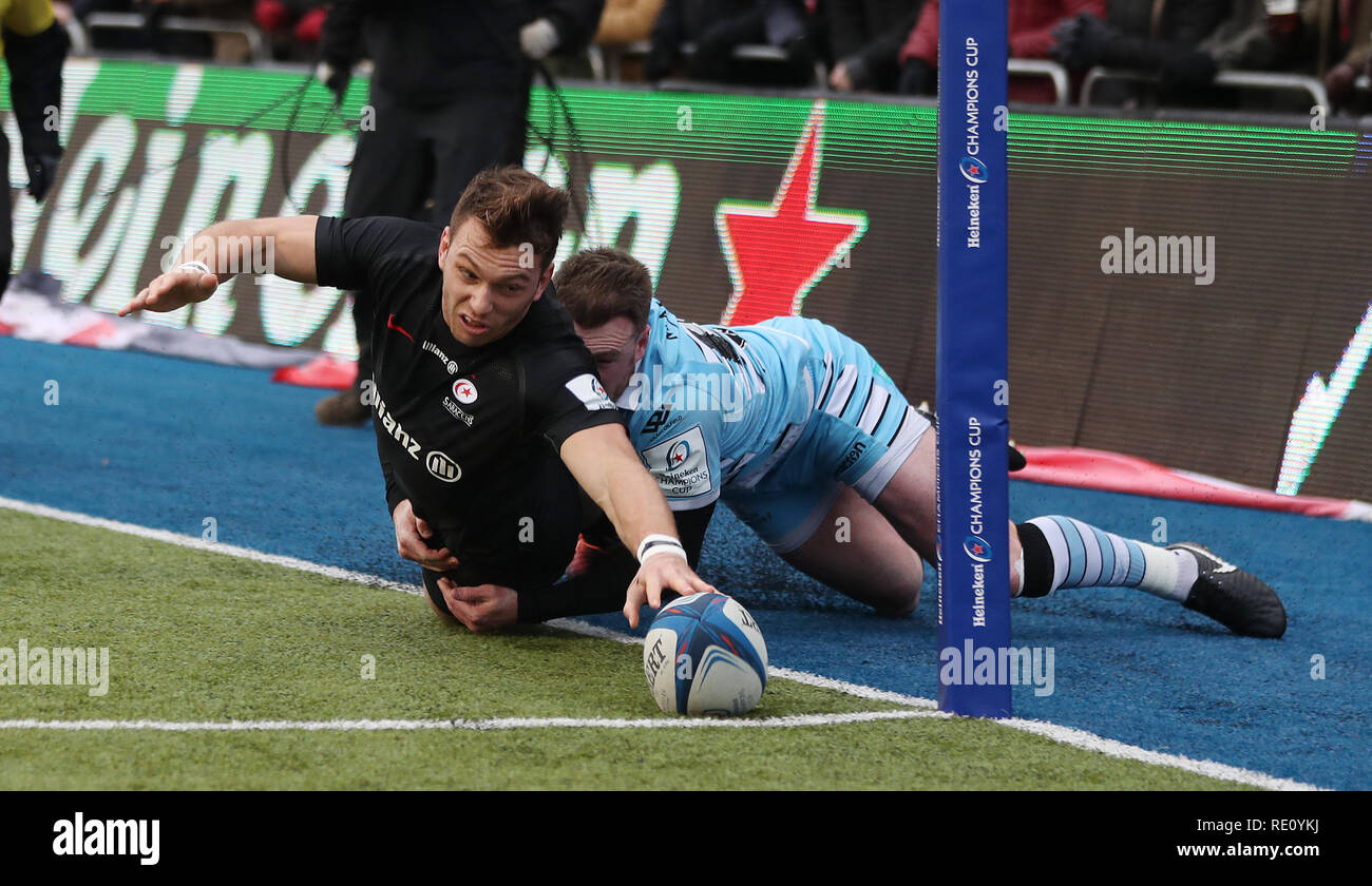 Saracens Alex Lewington is tackled into touch by Glasgow's Stuart Hogg ...