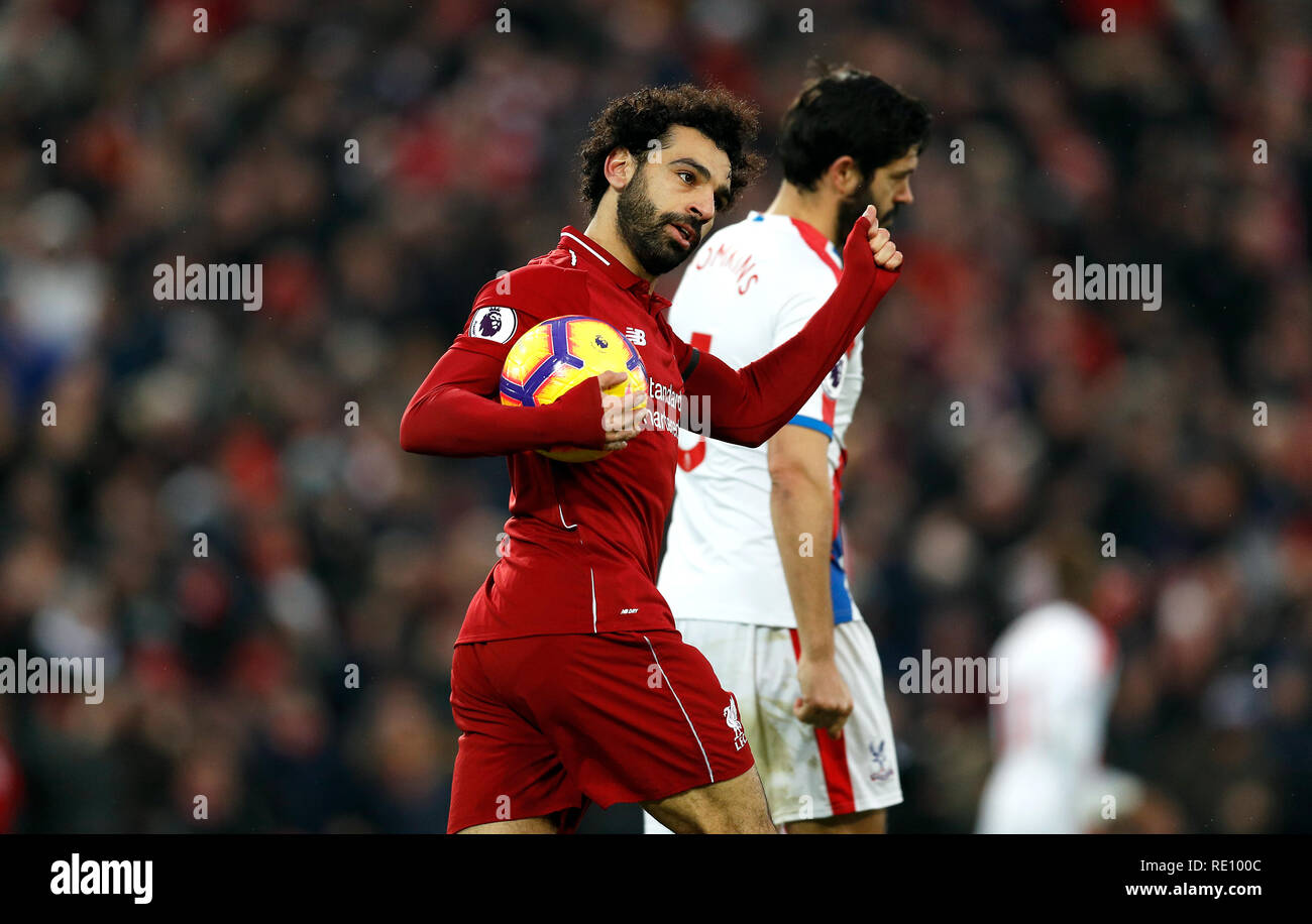Liverpool's Mohamed Salah celebrates scoring his side's first goal of ...