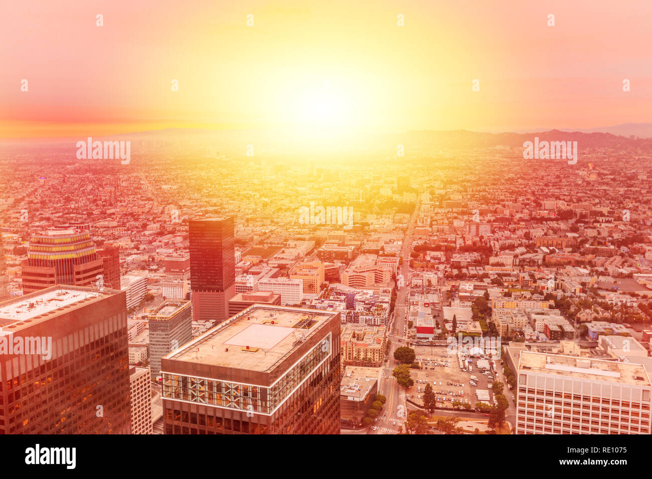 Aerial view of Los Angeles skyline at top view of Oue Skyspace in ...