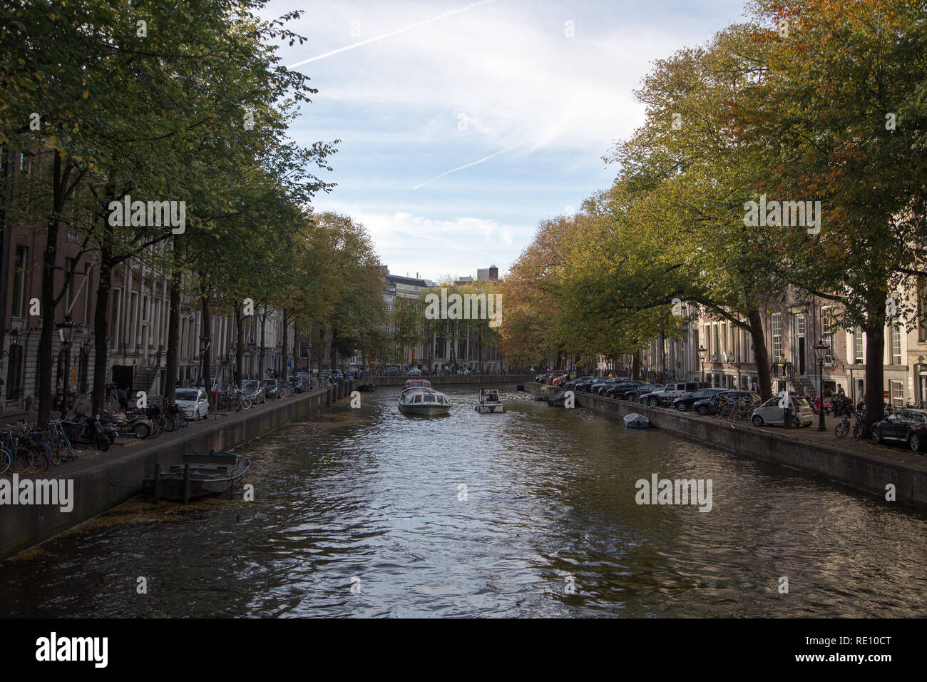 Typical view of canal embankment in historic center of city, Amsterdam ...