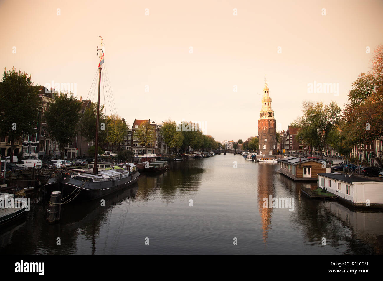 Typical view of canal embankment in historic center of city, Amsterdam ...