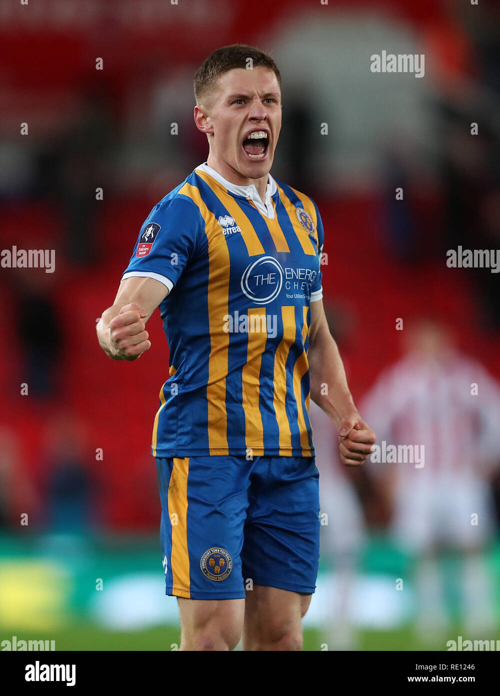 Shrewsbury Town's Greg Docherty celebrates at the final whistle Stock ...