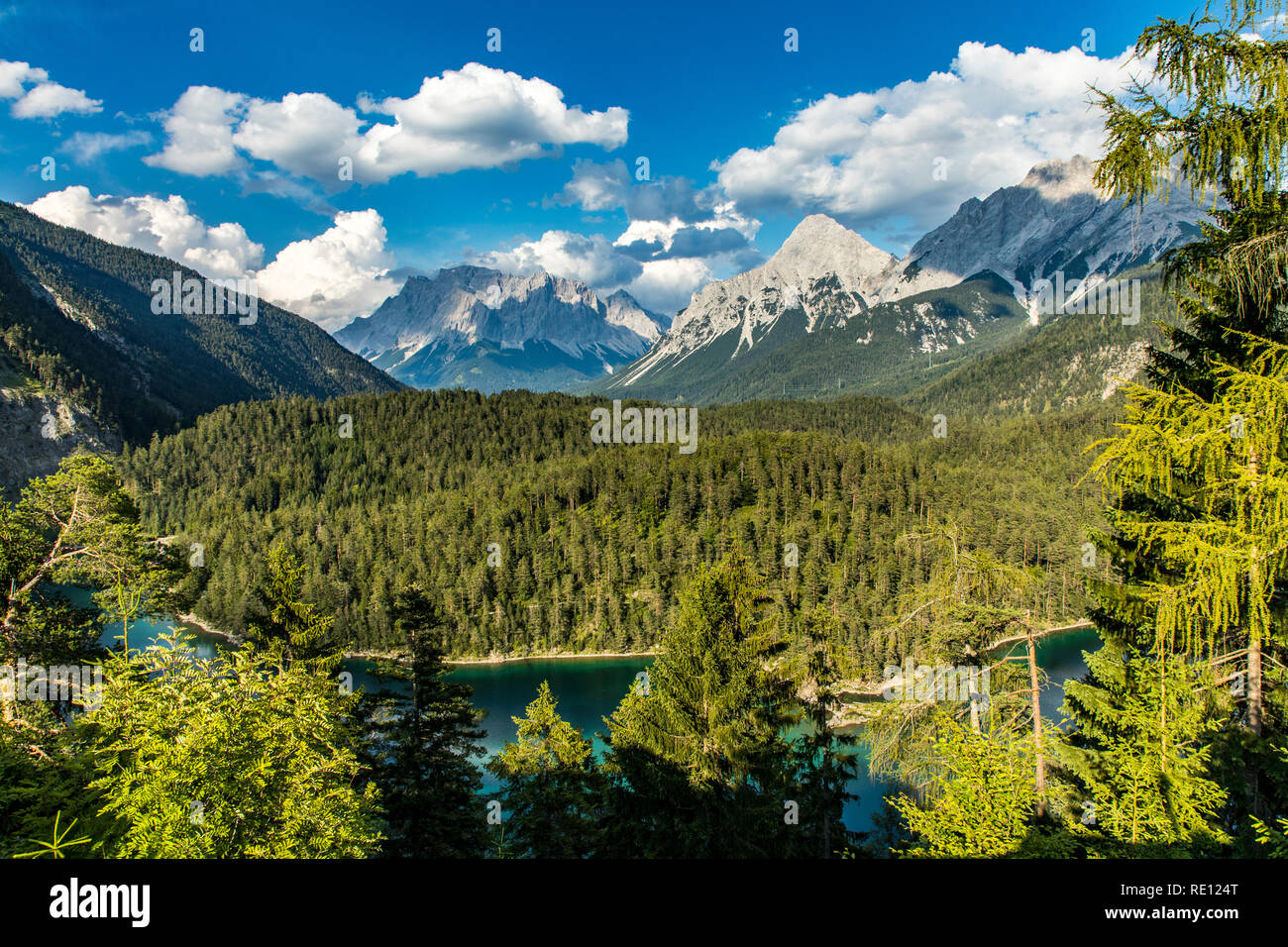 View from the Fernpass road in Austria, Tyrol, on the Zugspitz massif ...