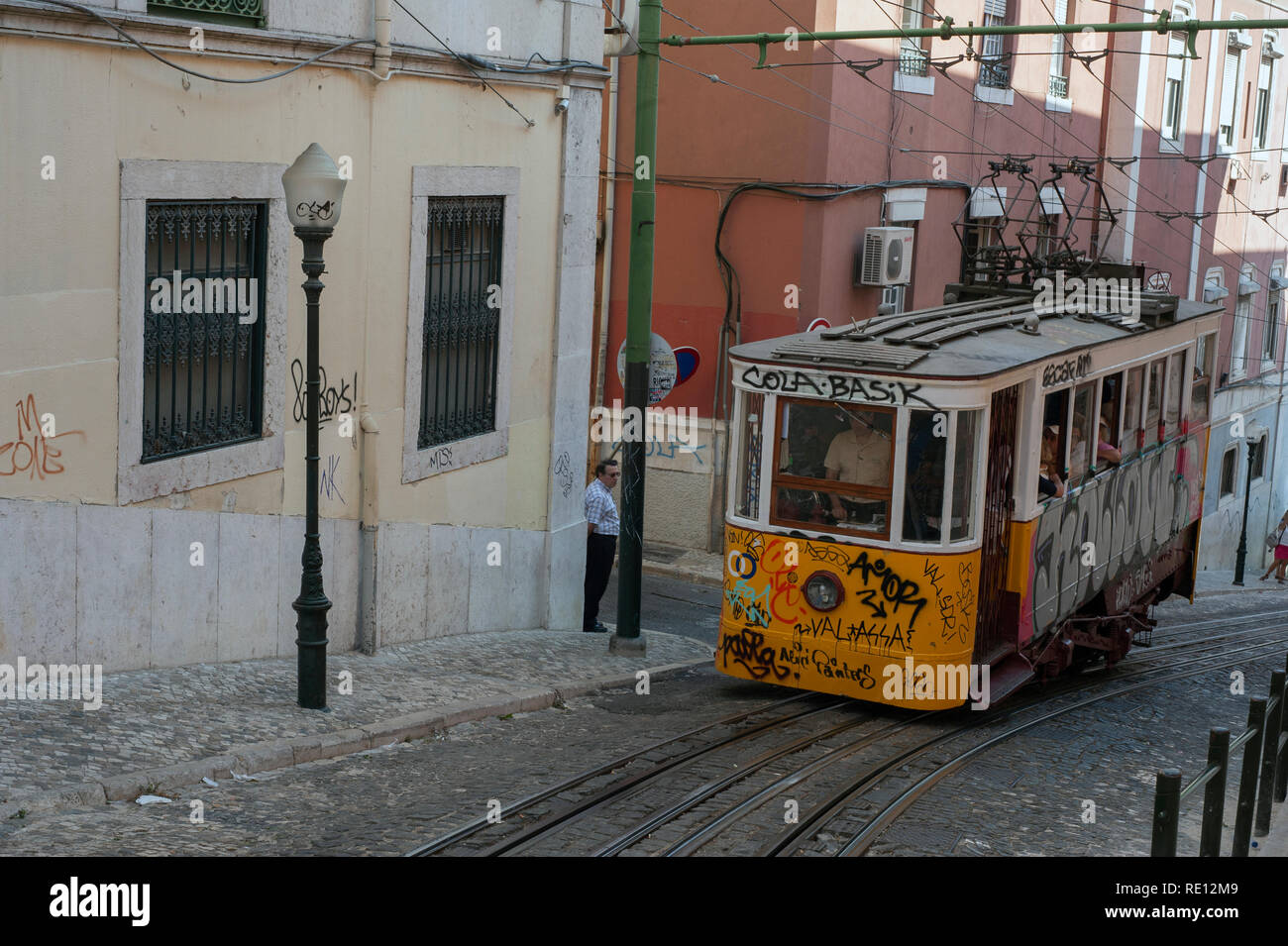 The Bica Funicular, or Elevador da Bica, in the Misericordia district ...