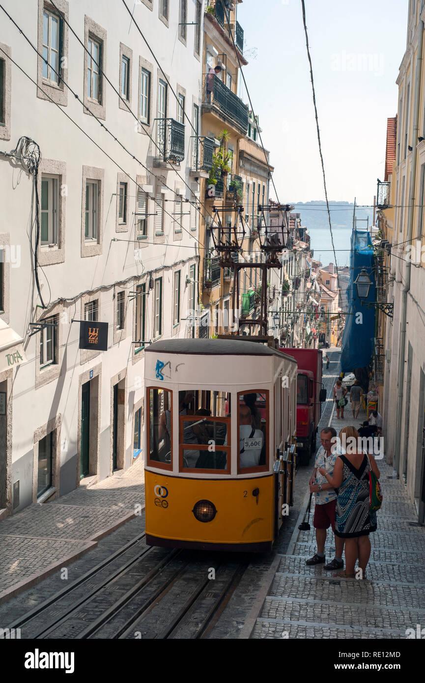 The Bica Funicular, or Elevador da Bica, in the Misericordia district ...