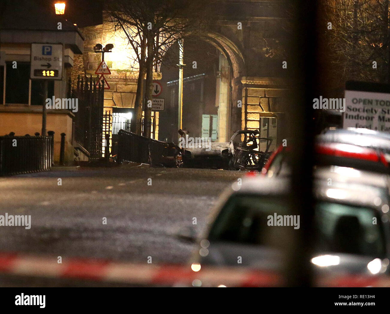 The scene of a suspected car bomb on Bishop Street in Londonderry Stock ...