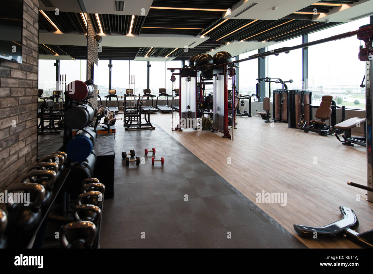 Equipment And Machines At The Modern Gym Room Fitness Center Stock ...