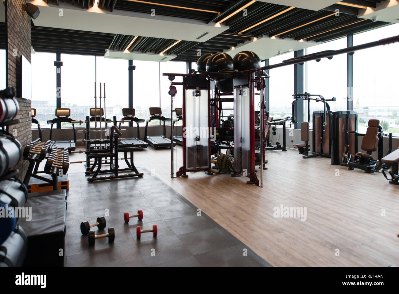 Equipment And Machines At The Modern Gym Room Fitness Center Stock ...