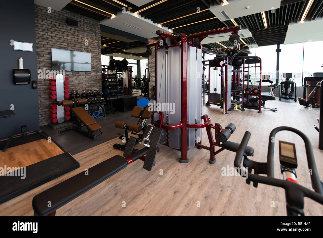 Equipment And Machines At The Modern Gym Room Fitness Center Stock ...