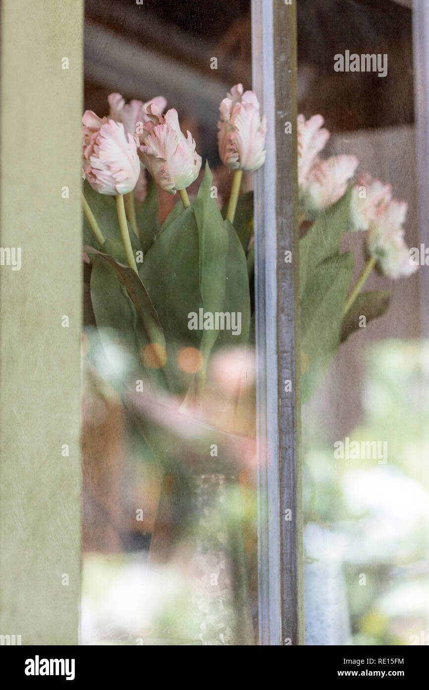 Vintage pitcher with flowers inside window Stock Photo - Alamy
