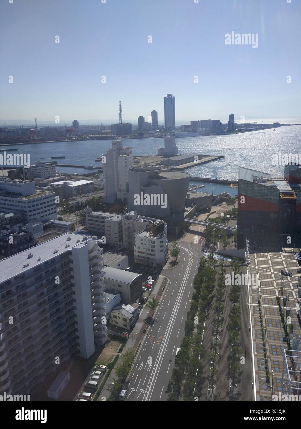 Aerial skyline view of Osaka port. Capturing from ferris wheel in ...