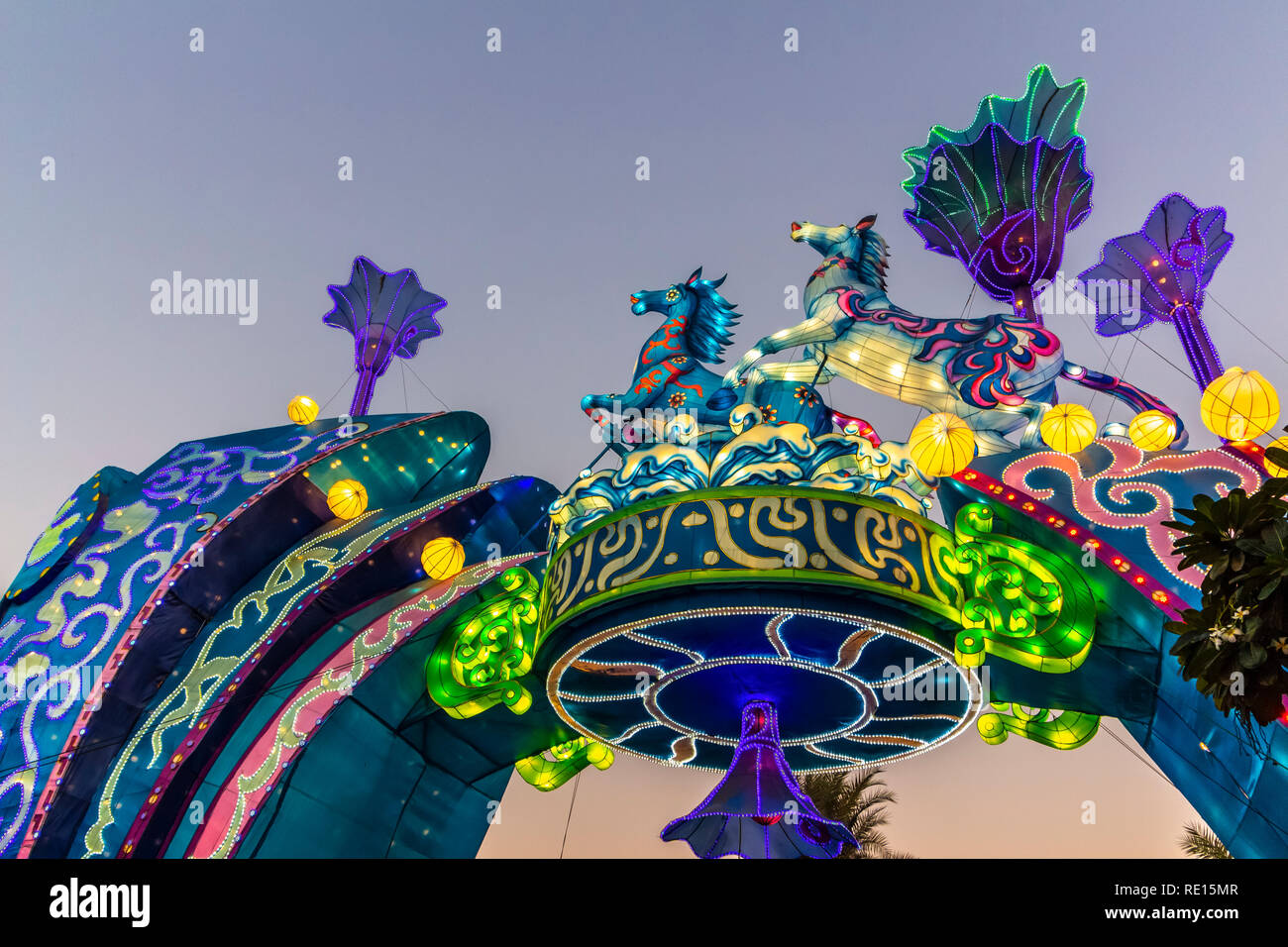 Dubai, UAE - December 3, 2018: Fragments of luminous figures of the ...