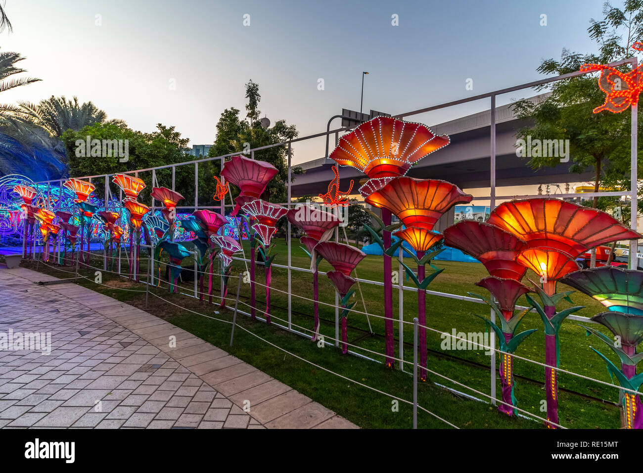 Dubai, UAE - December 3, 2018: Fragments of luminous figures of the ...