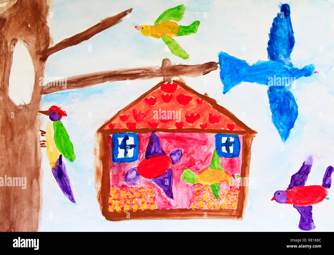 Bird's bird feeder on tree. Children's drawing birds eat food from ...