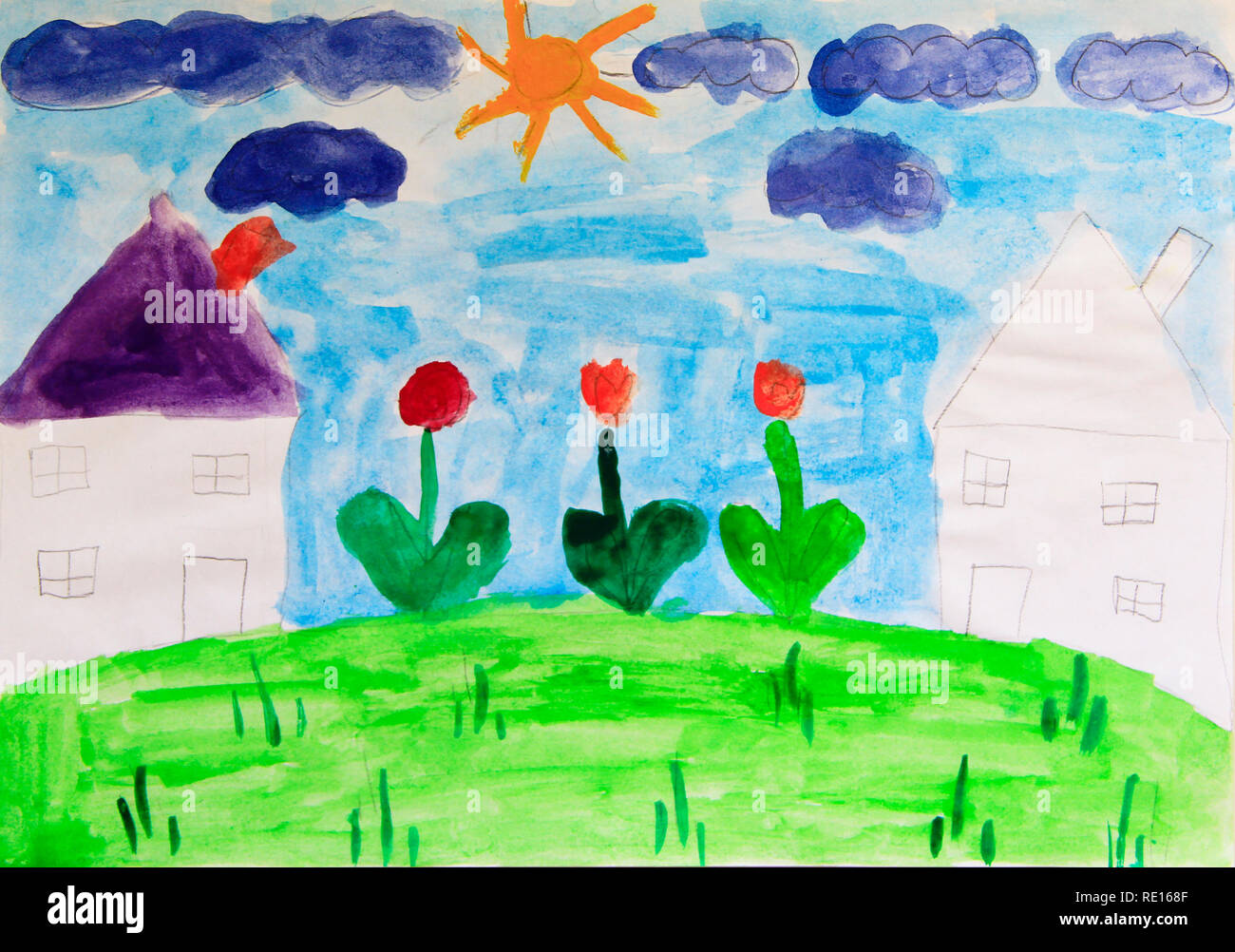 Child's drawing of houses meadow and flowers. Bright colors of summer ...