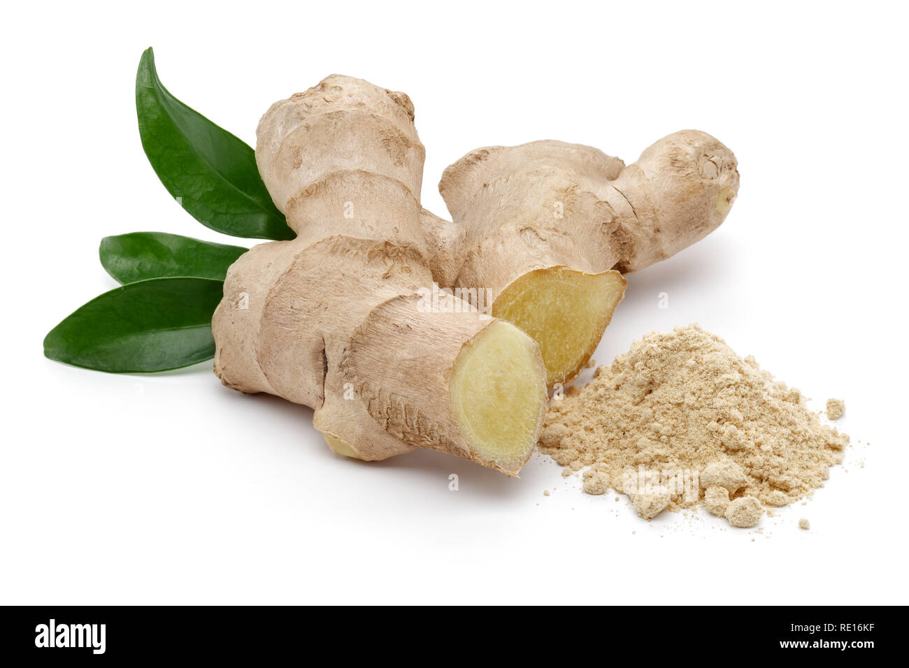Fresh ginger root with leaves and powder isolated on white background ...