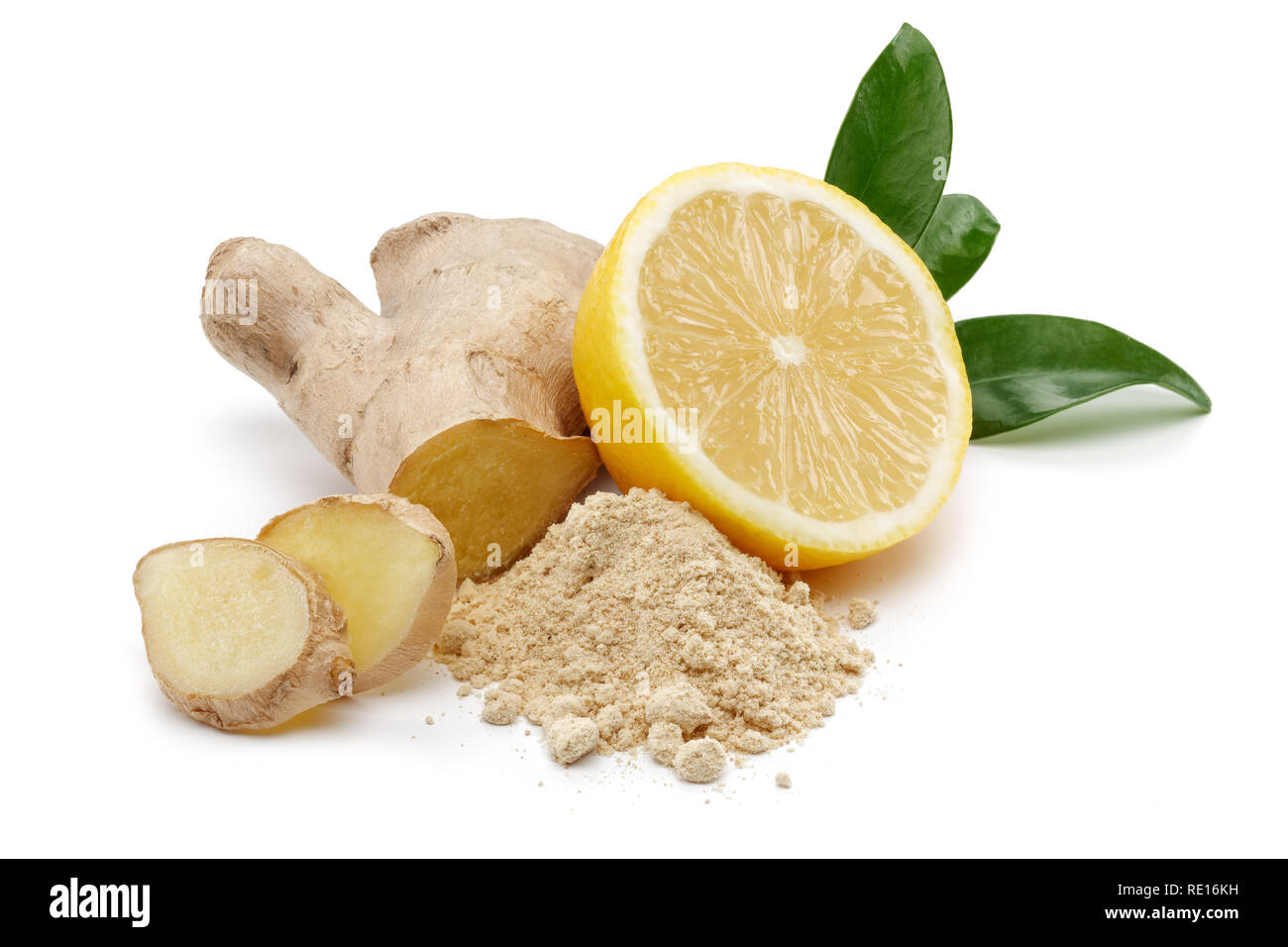 Fresh ginger root with leaves and lemon isolated on white background ...