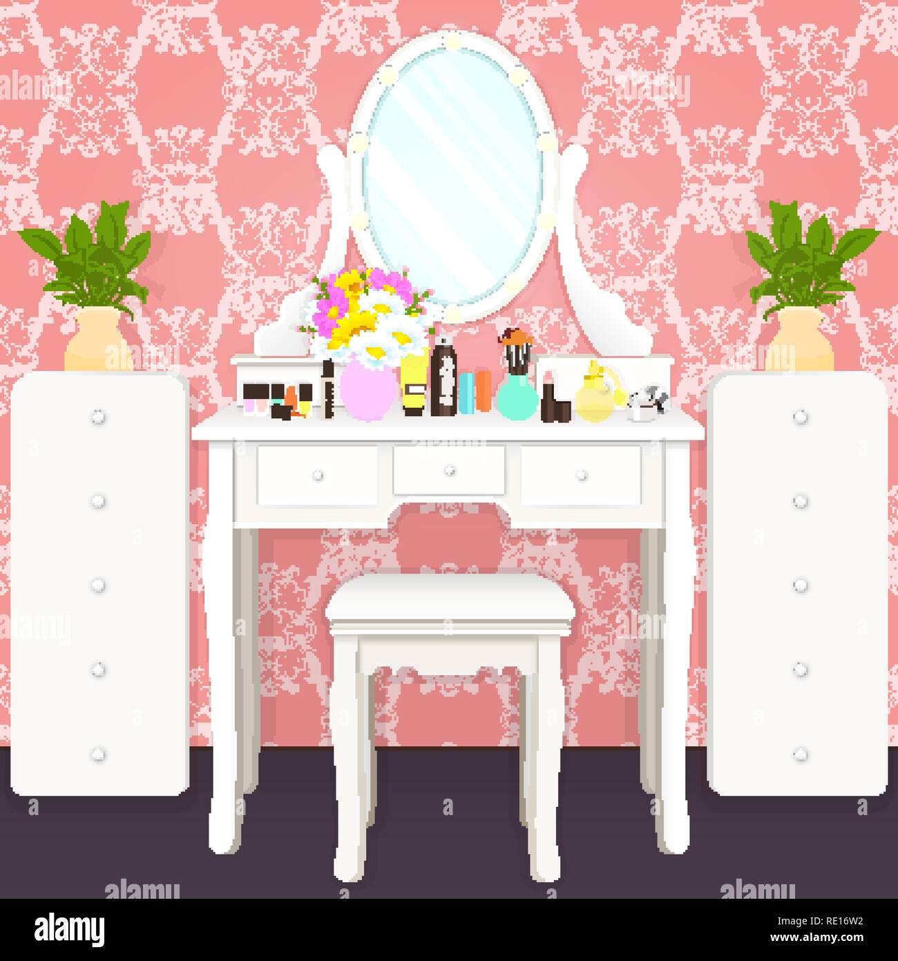 Dressing table with mirror with lights, female boudoir for makeup, flat ...