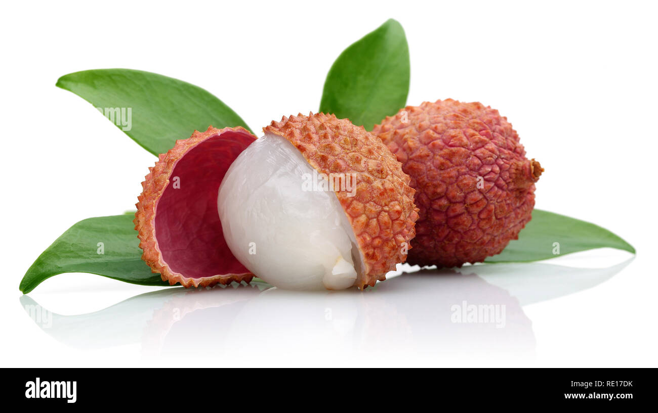 Fresh lychee fruit and leaves isolated on white background Stock Photo ...