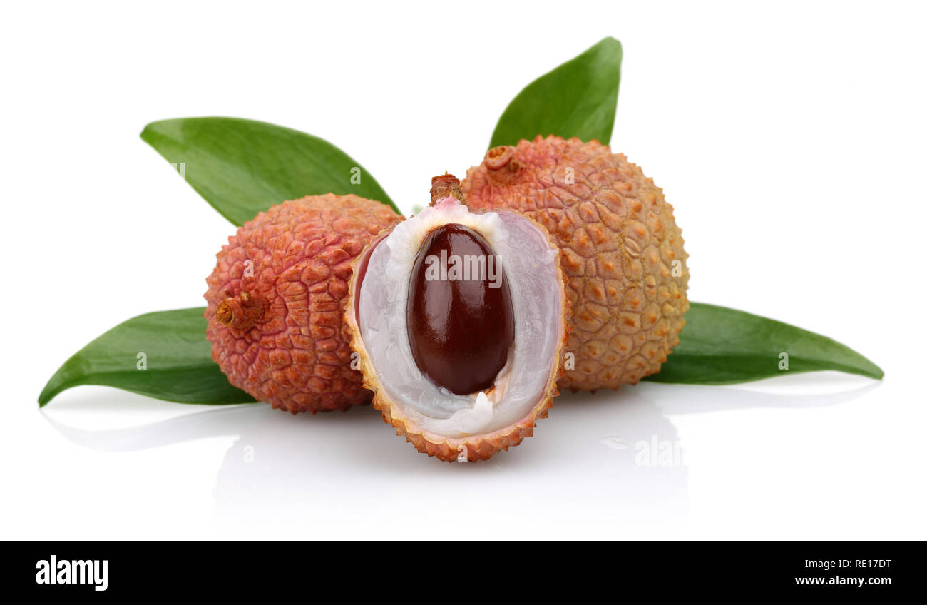 Fresh lychee fruit and leaves isolated on white background Stock Photo ...