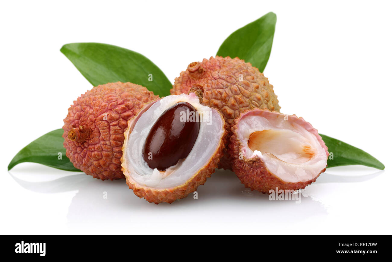 Fresh lychee fruit and leaves isolated on white background Stock Photo ...