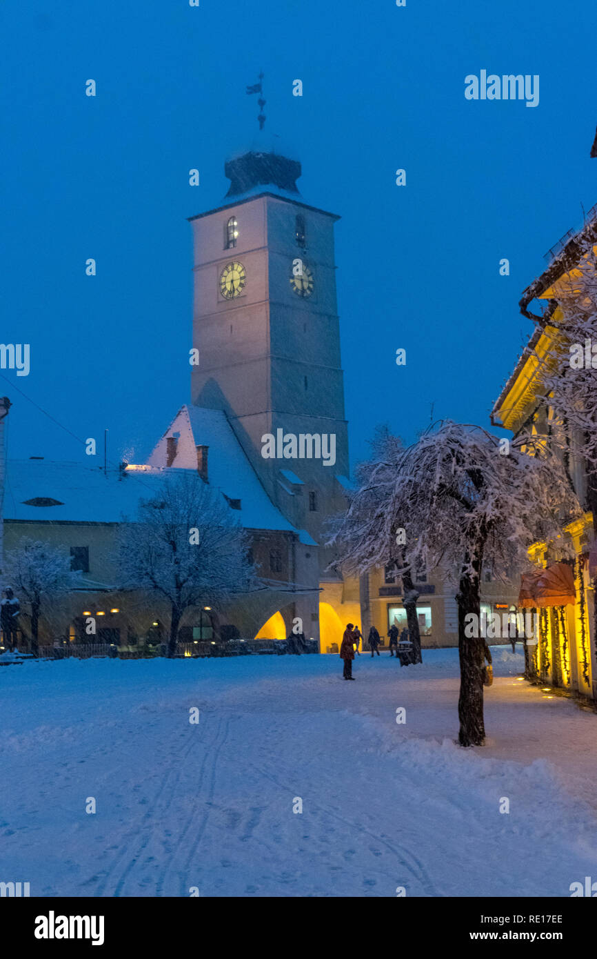 Council Tower of Sibiu on a winter evening in the Big Square, Sibiu ...