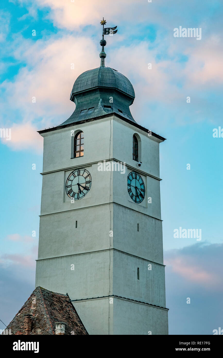 The Council Tower of Sibiu during dawn in Sibiu, Romania Stock Photo ...