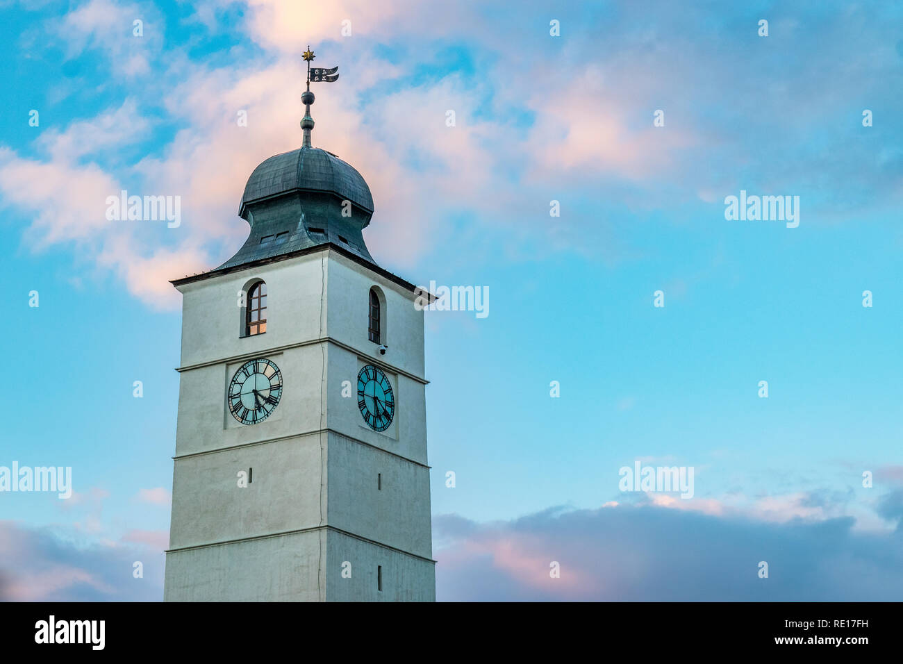 The Council Tower of Sibiu during dawn in Sibiu, Romania Stock Photo ...
