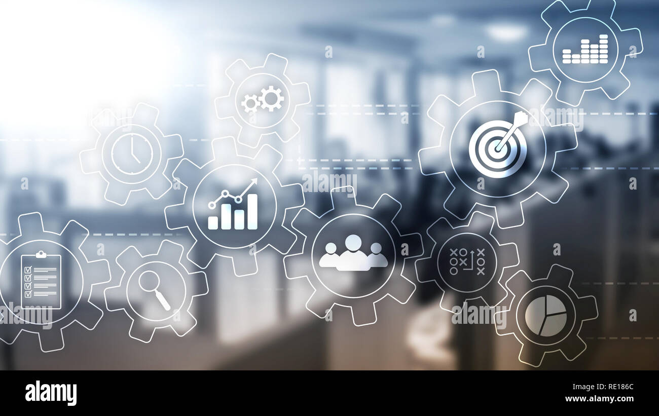 Business process automation concept. Gears and icons on abstract ...