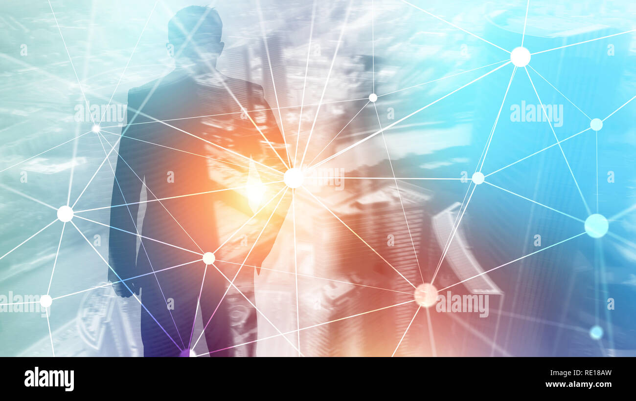 Blockchain network on blurred skyscrapers background. Financial ...