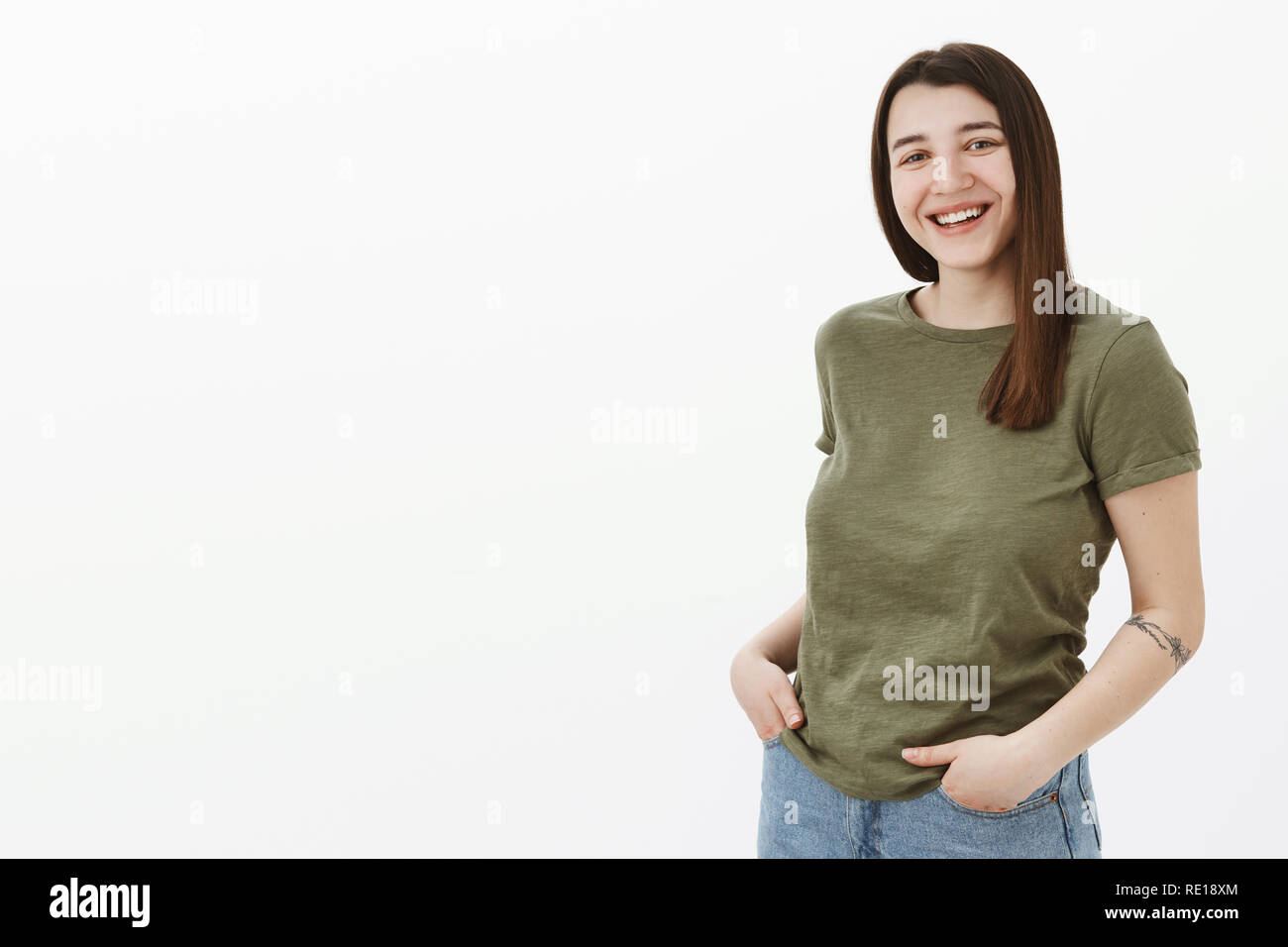 Girl in good mood feeling happy and delighted having nice conversation ...