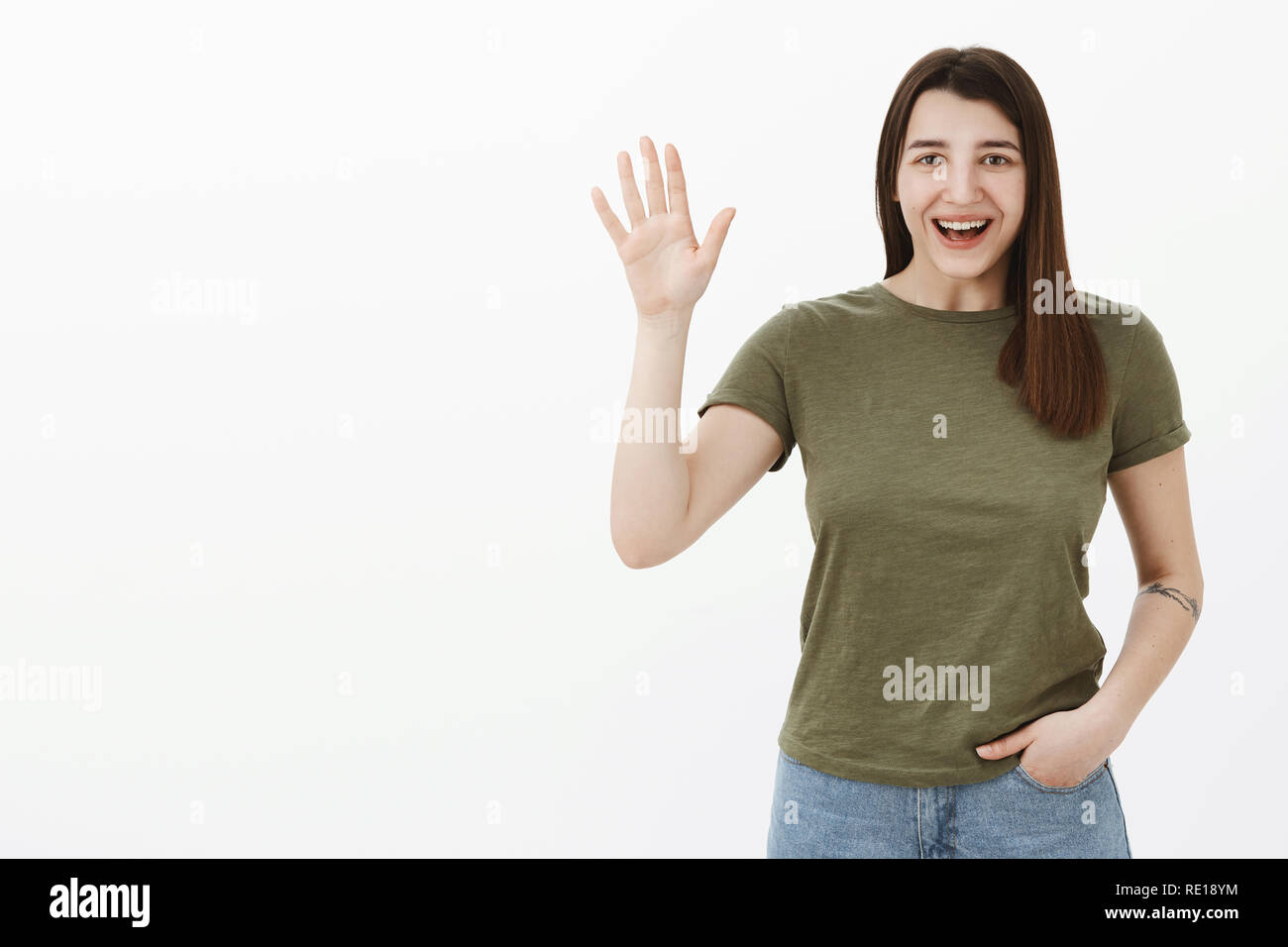 Hey so nice to meet you. Portrait of friendly and excited sincere ...