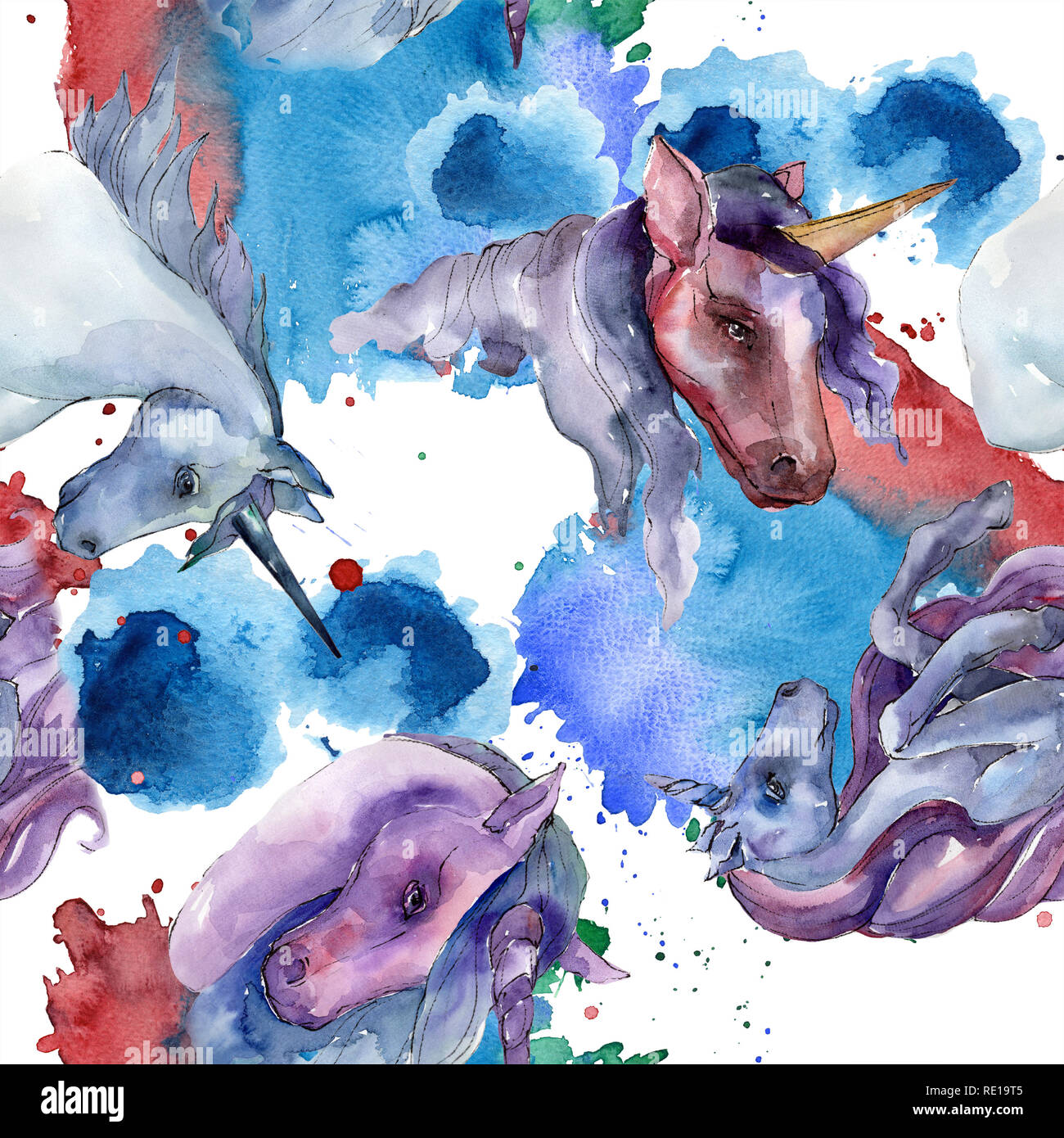 Cute unicorn horse. Rainbow animal horn character. Watercolor ...