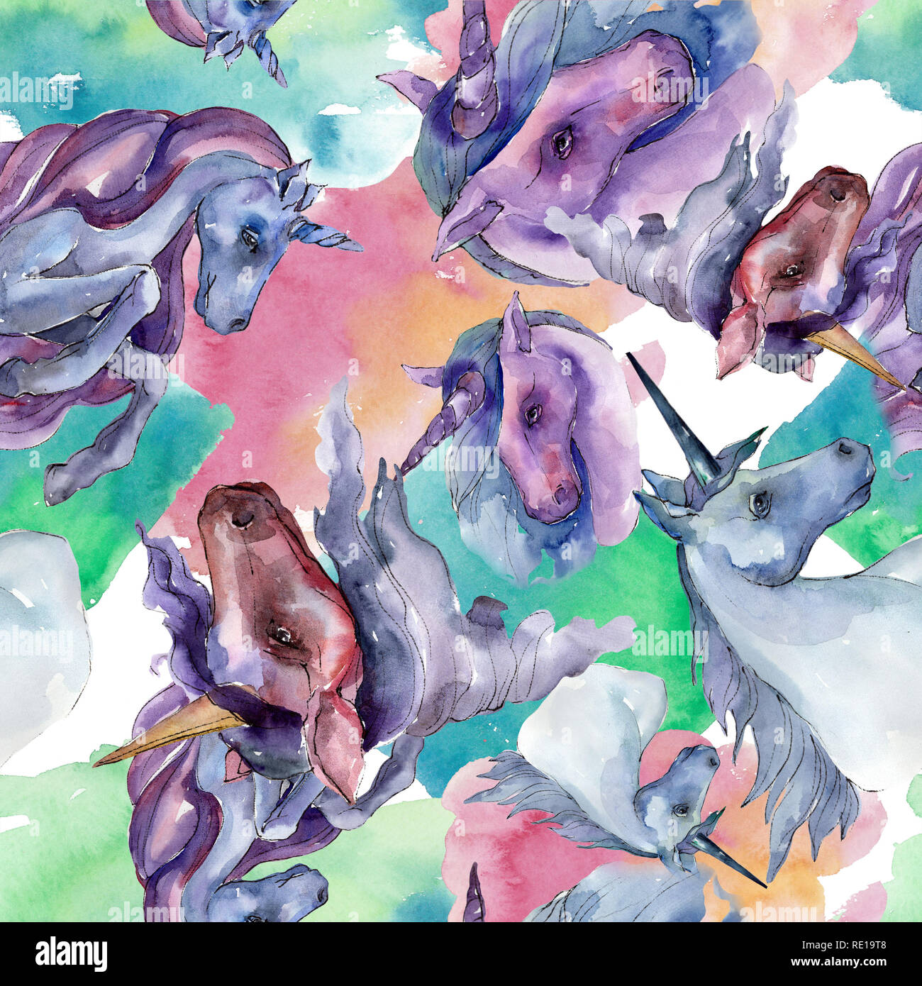 Cute unicorn horse. Rainbow animal horn character. Watercolor ...