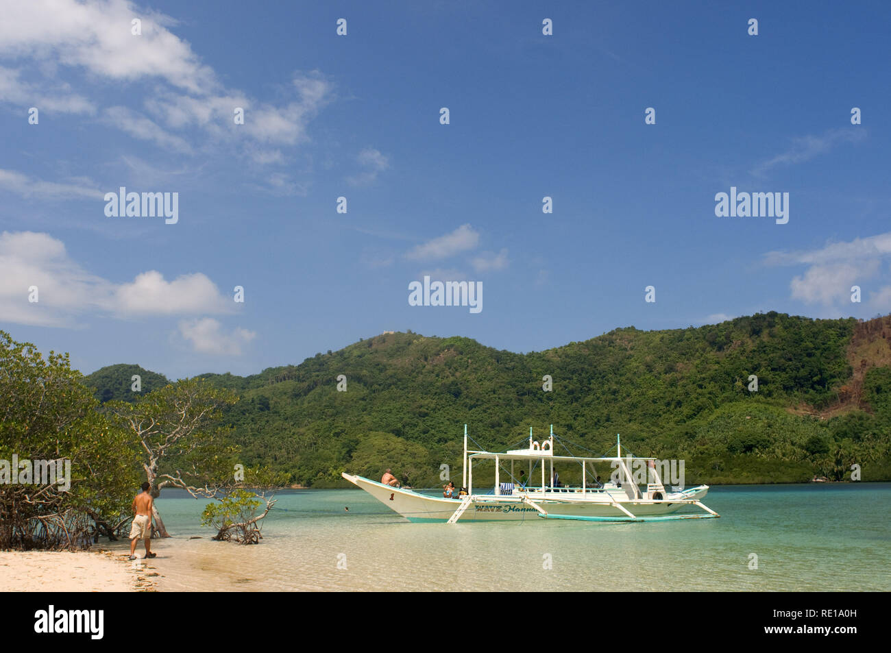 A boat moored in the white sand beach of Snake Island, El Nido Palawan ...