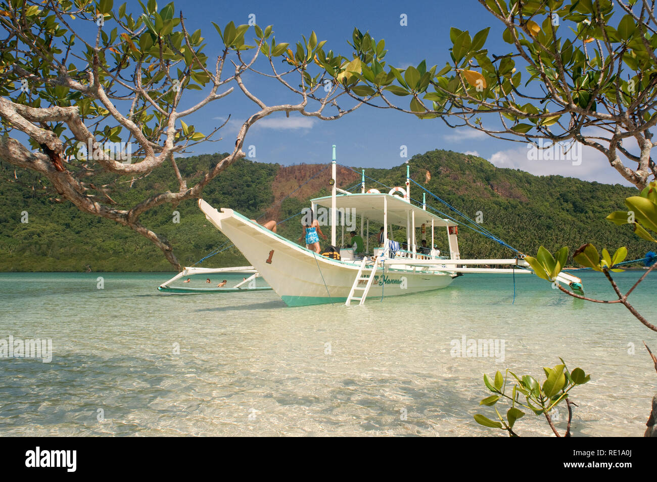 A boat moored in the white sand beach of Snake Island, El Nido Palawan ...