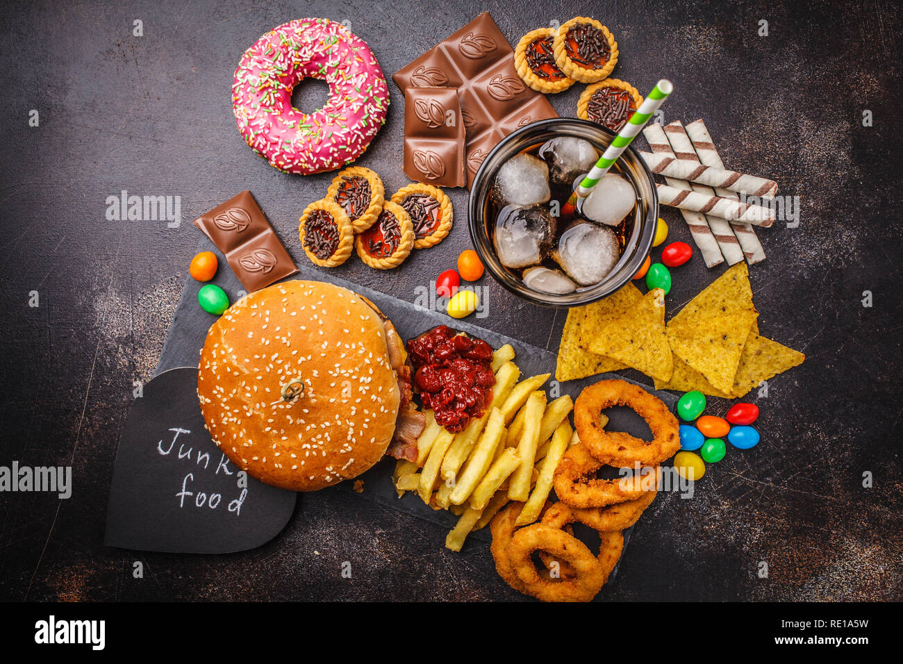 Junk food concept. Unhealthy food background. Fast food and sugar ...