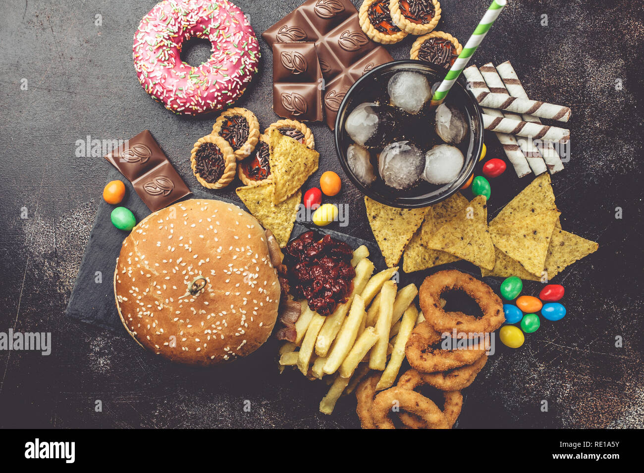 Junk food concept. Unhealthy food background. Fast food and sugar ...