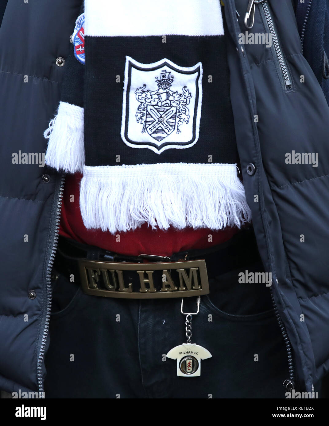 A Fulham fan wears a club branded belt prior to the Premier League ...