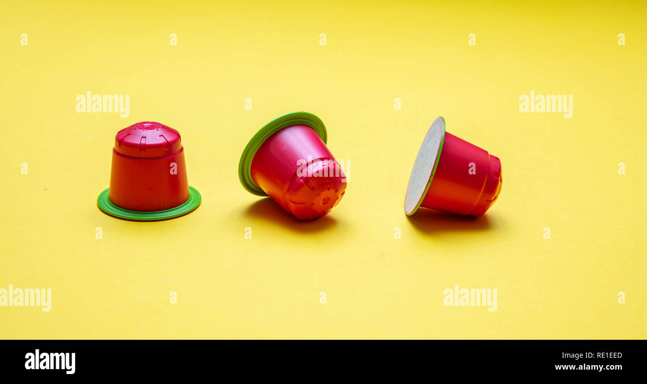 Coffee capsules compostable. Red espresso pods, eco friendly, aluminum ...